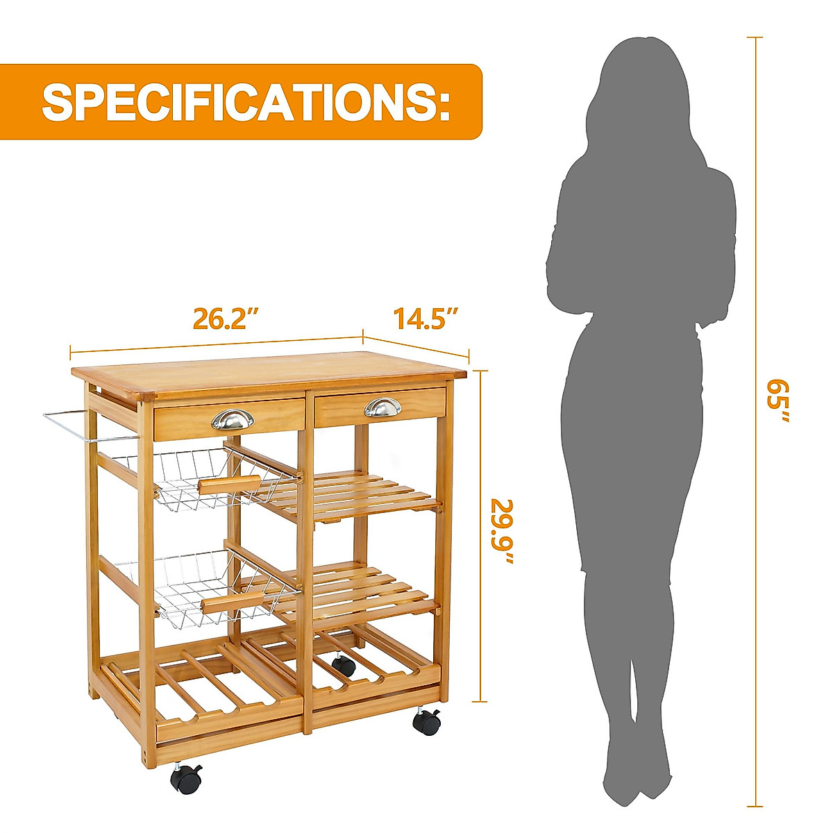 Nova Microdermabrasion Kitchen Island Cart with Storage, Rolling Side Table on Wheels with 2 Drawers, 3 Shelves, Lockable Casters for Dining Room, Bar