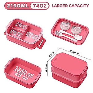 DaCool Adults Bento Box Lunch Box - Stackable All-in-One Leakproof Bento Lunch Box for Adults Women Girls 74 OZ Large Lunch Containers with Fork Spoon Sauce Boxes for Work School Dining Out, Pink