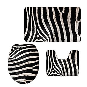 HUGS IDEA Classic Black and White Striped Zebra Bath Mat Set with Rug/Contour/Lid Cover Absorbent Doormat (3 Piece)