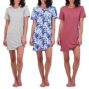 Real Essentials Womens Short Sleeve Nightgown Nightshirts Bamboo Nightgowns Night Shirts Gowns Women Nightdress Sleep Shirt Adult House Dress Sleepwear Pajama PJs Moo Moos, Set 2, Medium, Pack of 3