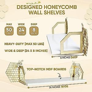 Special Lucy Designed Beehive Wall Shelves for Wall Decor - Designer's Gold Honeycomb Wall Art Meets Premium White Floating Shelves - Set of 2, 8 Inches Deep, 24 Inches Wide