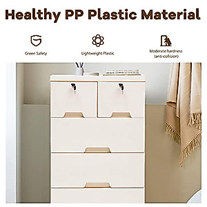 WOQLIBE Dresser Drawer Organizers,Plastic Dresser with 6 Drawers, Tall Lockable Storage Cabinet with Wheel, Dresser Drawer Organizers for Clothing/Bedroom/Playing Room,19.7x13.8x40 in(Beige)
