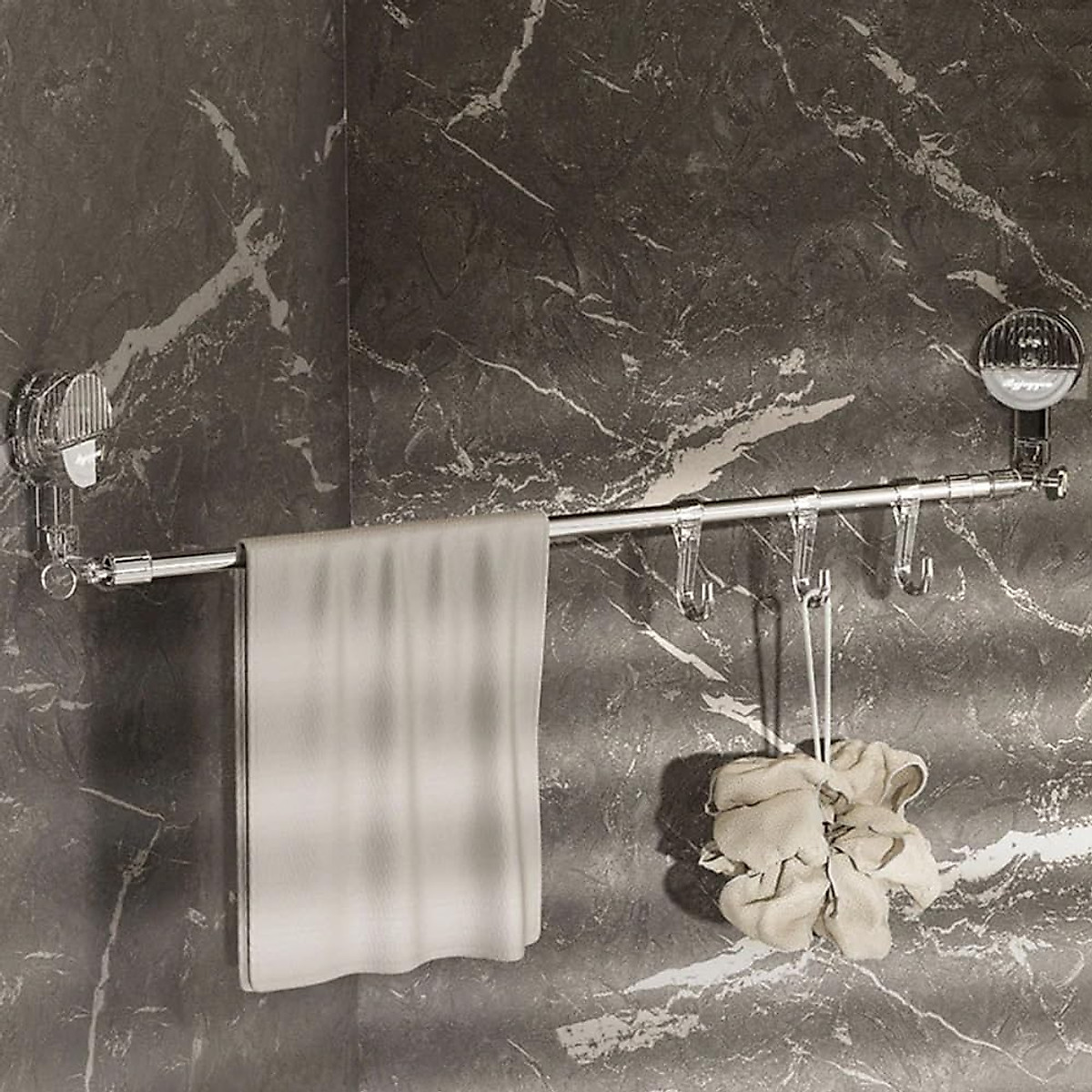 Retractable Towel Rack, Suction Cup Towel Bar with 6 Sliding Hooks, 23-47 Inch Adjustable, Removable Vacuum Suction Towel Holders, Bathroom Wall Washcloth Rack, for Kitchen, Toilet, Shower, Door(Gray)