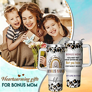 Ksoemar 40 Oz Best Bonus Mom Tumbler with Handle and Straw, Double Wall Stainless Steel Best Bonus Mom Cups, Step Moms Gifts for Ideas for Birthday, Mothers Day For Stepmoms, Mother