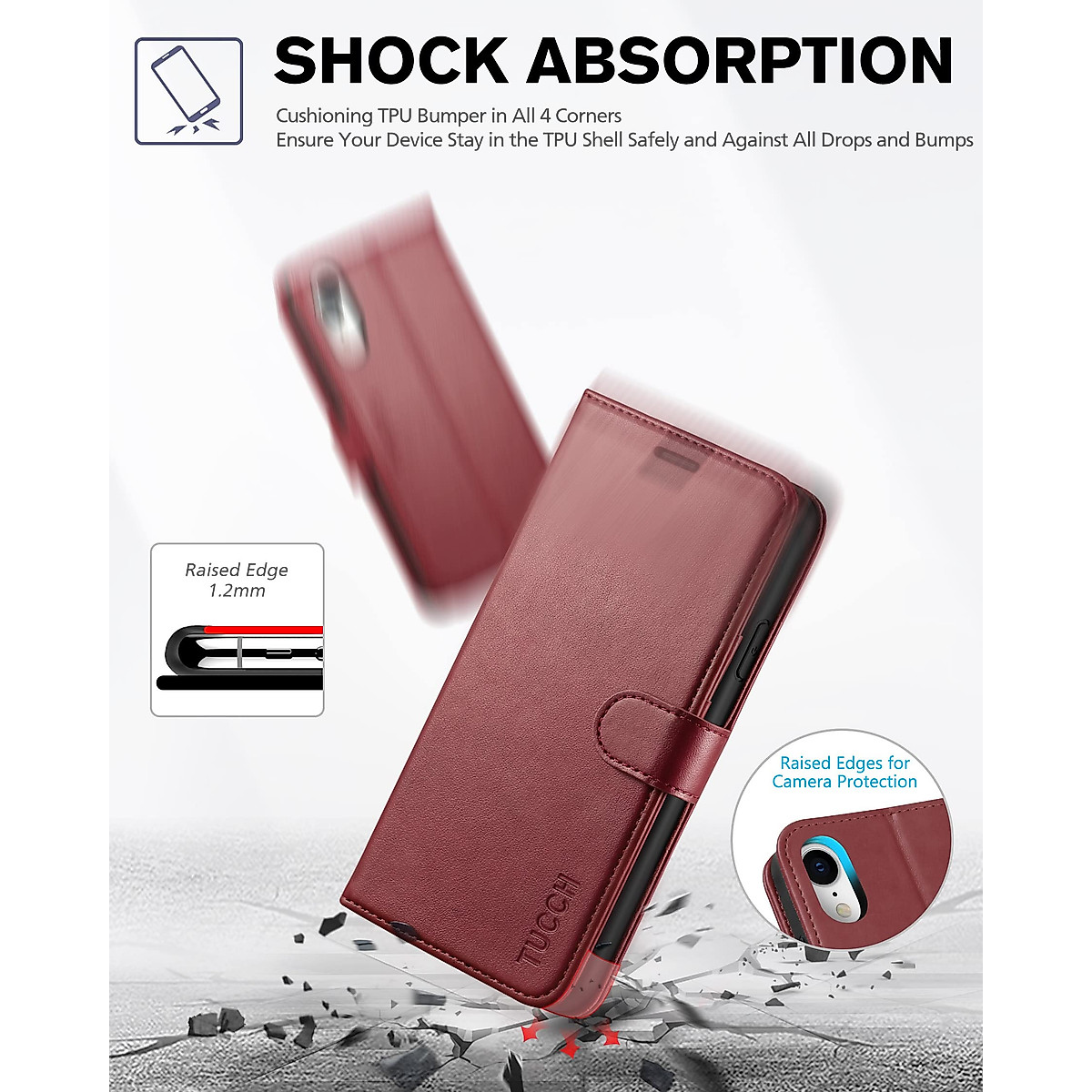 TUCCH Case Wallet for iPhone XR, Kickstand RFID Blocking Credit Card Slot PU Leather Folio Phone Cover with Wireless Charging [Shockproof TPU Shell] Compatible with iPhone XR 6.1, Dark Red