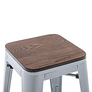 Alunaune 24" Metal Counter Height Bar Stools Set of 4 Industrial Backless Kitchen Patio Counter Stool Stackable Barstools Wood Top- 24inch, Silver