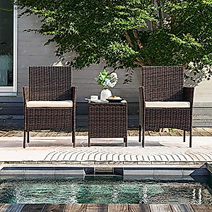 Rankok Patio Chairs Set of 2 Outdoor Front Porch Furniture Bistro Set 3 Piece Wicker Patio Chairs Balcony Furniture for Backyard Patio Balcony Lawn Pool (Brown)