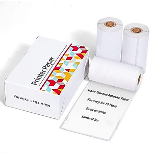 Ponek T02 Thermal Mini Sticker Printer Paper, White Self-Adhesive Paper, Black On White Paper for Journal, Photo, 50mm x 3.5m, 3 Rolls, Keep for 10 Years, Compatible with T02/M02X/M02L/Y02C/Q02