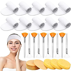 Spa Facial Set: 10 Headbands, 50 Compressed Sponges, 10 Fan Brushes - White Towel Head Wrap for Face Wash, Mask Application, and Makeup Removal