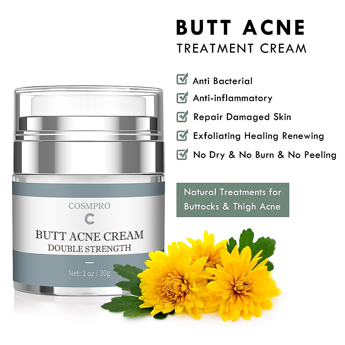 Butt Acne Clearing Treatment, Bum Acne Treatment Butt Pimple Cream Clears Pimples For the Buttocks, Back and Thigh Areas with Salicylic Acid, Pure Natural Ingredients and Fast Results