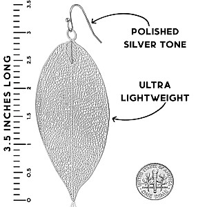 Humble Chic Big Filigree Leaf Earrings - Lightweight Cutout Oversized Drop Dangles - Long Vintage-Style Dangling Drops, 3.5" inch - Large Silver