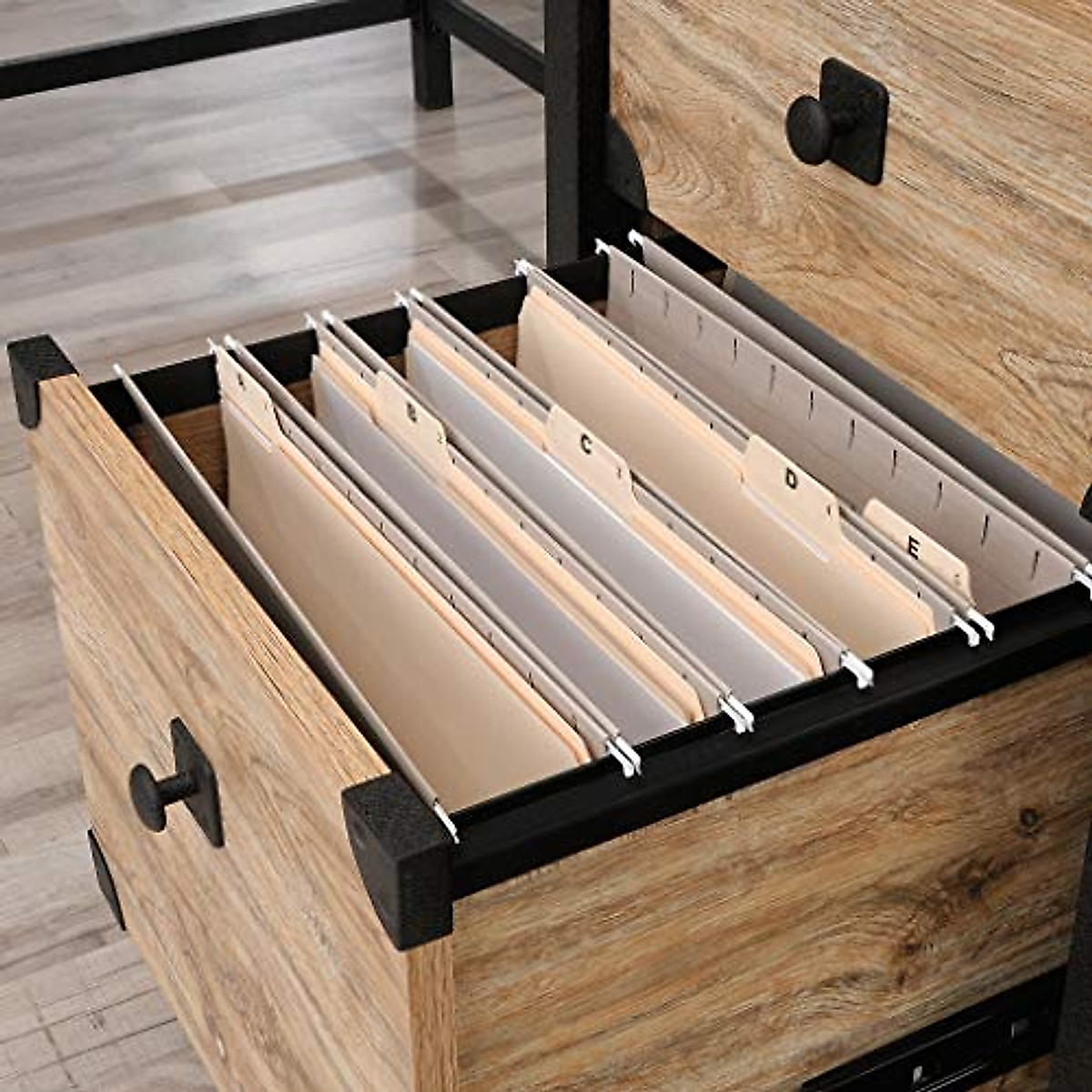 Sauder Steel River L-Shaped Desk, L: 59.84" x W: 57.32" x H: 29.53", Milled Mesquite Finish