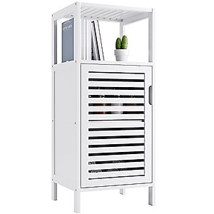 HITNET Bamboo Bathroom Storage Cabinet, 4 Tier Small White Floor Cabinet with Single Door, Free Standing Slim Narrow Storage Organizer for Bedroom Living Room