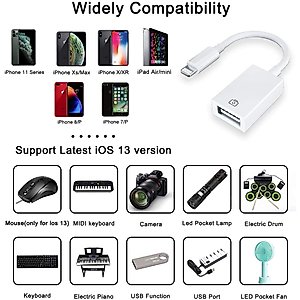 【Apple MFi Certified】 Lightning to USB Camera Adapter for iPhone/iPad, Female USB 3.0 OTG Cable Adapter Support Connect Camera,USB Flash Drive,Card Reader,MIDI Keyboard, Mouse