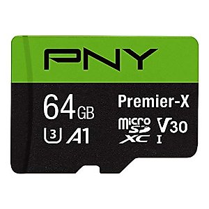 PNY 64GB Premier-X Class 10 U3 V30 microSDXC Flash Memory Card - 100MB/s, Class 10, U3, V30, A1, 4K UHD, Full HD, UHS-I, micro SD