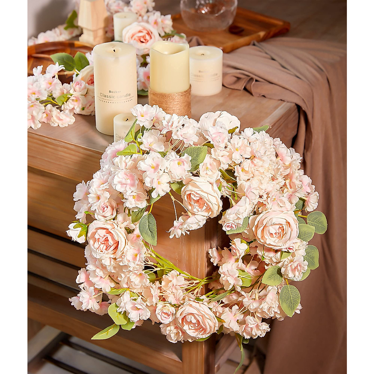 Anna's Whimsy 6.07FT Rose & Cherry Blossom Garland, Silk Artificial Flower, Flower Hanging Vines for Wedding Arch Party Table Home Garden Outdoor Kawaii Decor