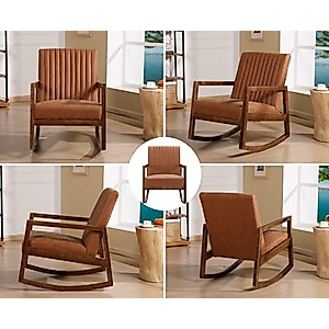 CIMOTA Leather Modern Rocking Chair Mid Century Armchair Upholstered Arm Chair with Padded Seat/Wood Frame, Comfy Rocker for Living Room/Bedroom, Retro Brown PU