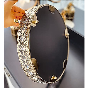 ELLDOO Crystal Mirror Vanity Tray - 9.8" Round Jewelry Trinket Tray Gold Decorative Tray for Dresser Glass Makeup Tray Bathroom Tray Storage Perfume Organizer for Bedroom