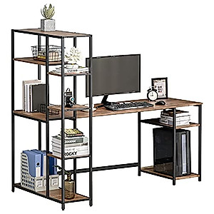 HOMCOM 67 Inch Home Office Computer Desk with Display Bookshelf, Industrial Writing Table with CPU Stand and Steel Frame, Black/Walnut