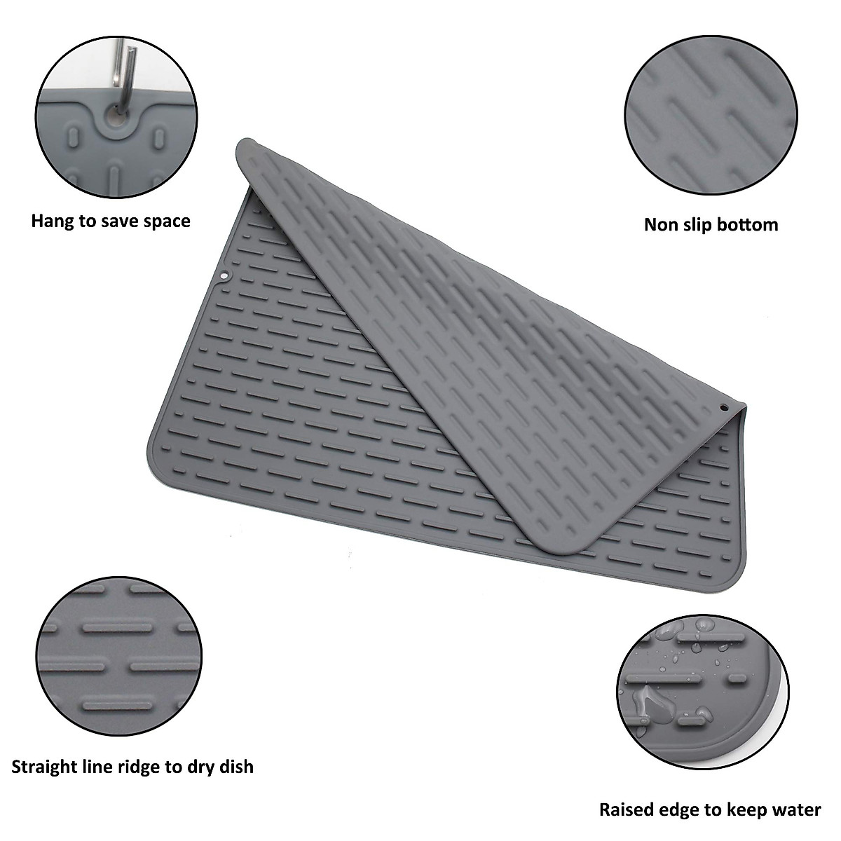 Tongjude Silicone Dish Drying Mat - Extra Large 24" x 18" - Flexible Rubber Dish Draining Mat, Heat Resistant Silicone Trivet, Oversize Counter Top Mat, Sink Mat