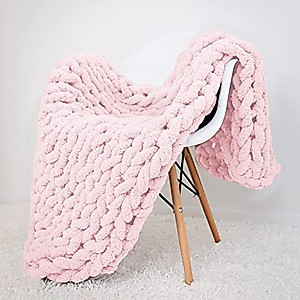 huraty Chunky Knit Blanket Light Pink Chenille Yarn Tight Chunky Knit Throw Blanket for Sofa Bed 39x39 Handmade Boho Bed Throw