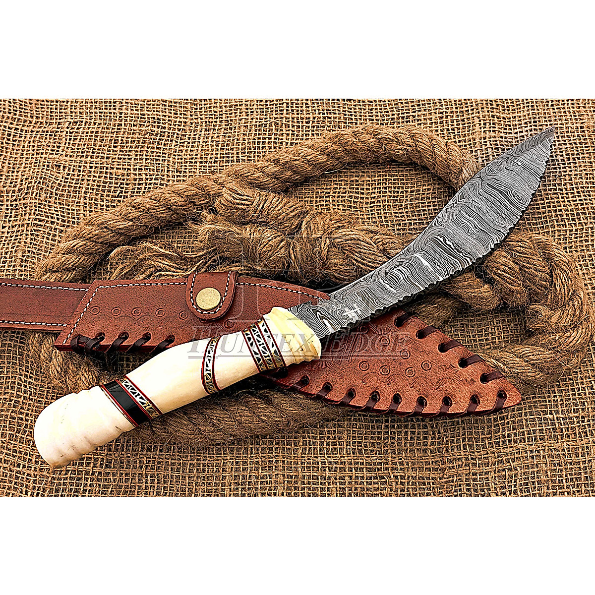 HUNTEX Unique Custom Handmade Hand Forged Damascus Steel 15 Inch Long Full Tang Camel Bone Handle Razor Sharp Hunting Camping Kukri Knife with Genuine Leather Sheath