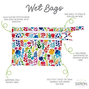 BapronBaby Rainbow Watercolor Floral Wet Dry Bag - Waterproof Two Zipper Pockets - Reusable for Mealtime, Diapers, Stroller, Snacks, Swimsuits - Machine Washable - 11" x 9"
