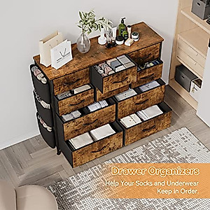Jojoka Dresser for Bedroom with 10 Drawers, Dressers & Chest of Drawers, Long Fabric Storage Drawer with Wood Tabletop for Kids Room, Closet, Hallway, Entryway (Rustic Brown)