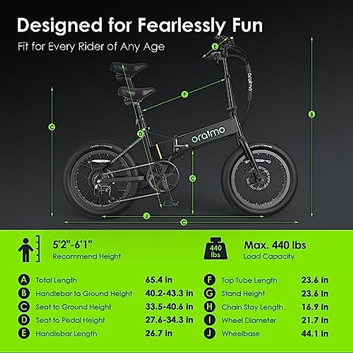 Oraimo 750W-1000W Electric Bike for Adults, 557Wh UL-Listed Hidden Battery Up to 45 Miles, 3A Fast Charge, 20" Fat Tire Folding E-Bike, Shimano 7 Speed, LCD Display, Optical Flare