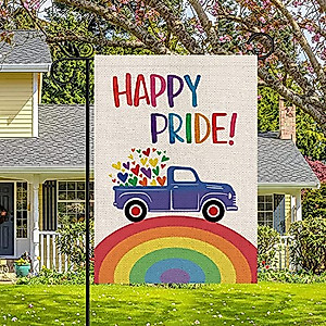 Rainbow Garden Flag Rainbow Truck Vertical Double Sided Happy Pride Flag LGBT Lesbian Gay Transgender Pansexual Flag Farmhouse Yard Outdoor Lawn Decoration 12.5 x 18 Inch