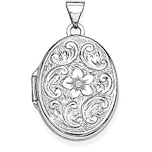 IceCarats 14K White Gold Oval Flower Personalized Photo Locket Necklace Charm Pendant 28.1mm x 17mm Only