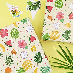 Aloha Floral Hawaiian Luau Wrapping Paper 6 Sheets, Pitaya Pineapple Orange Banana Watermelon Lemon Summer Fruit Floral Monstera Palm Turtle Leaves Tropical Island Themed Wrap Paper Sheet for Gift Wrapping, Birthday, Baby Shower, Aloha Hula Party Decorati
