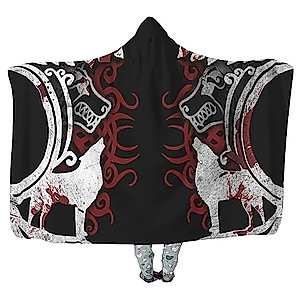 Viking 3D Printed Hooded Blanket Keep Warm And Soft Fenrir Wolf Viking Dragon Unisex Winter Wearable Hooded Blanket Double Thick Plush Wool Blanket Cape (Color : Blanket, Size : 50x60in/130x150cm)