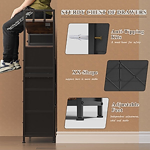 DRAWERHOM 11 Drawers Dresser for Bedroom, Dresser TV Stand with Power Outlets and LED Lights for 55'' TV, Fabric Chest of Drawers with Side Pocket, PU Finish, Sturdy Frame & Wood Top, Rustic Brown