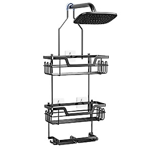 SWTYMIKI 3 Tier Rustproof Hanging Shower Caddy with 16 Hooks & Dual Soap Holder, Large Capacity Over Shower Organizer for Bathroom Shower Room, Black