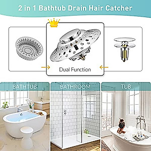 Universal Bathtub Stopper with Drain Hair Catcher, 2 in 1 Upgraded Pop Up Tub Stopper with Dual Drain Filter, Anti-Clog Bathtub Drain Cover, Stainless Bath Tub Drain Plug for 1.45"-1.85" Drain Hole
