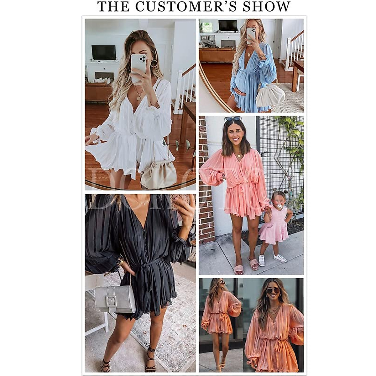 Dokotoo Womens Summer Spring Romper Ladies Elegant Plain Sexy V Neck Flared Long Sleeve Waist Tiet Pleated Drape Rompers and Jumpsuits for Women Dressy Black X-Large