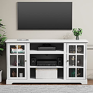 LGHM White TV Stand, Entertainment Center for 65 inch TV, 58" Modern Farmhouse TV Stand with Glass Door, Tall TV Console or Storage Cabinet and Sideboard Buffet