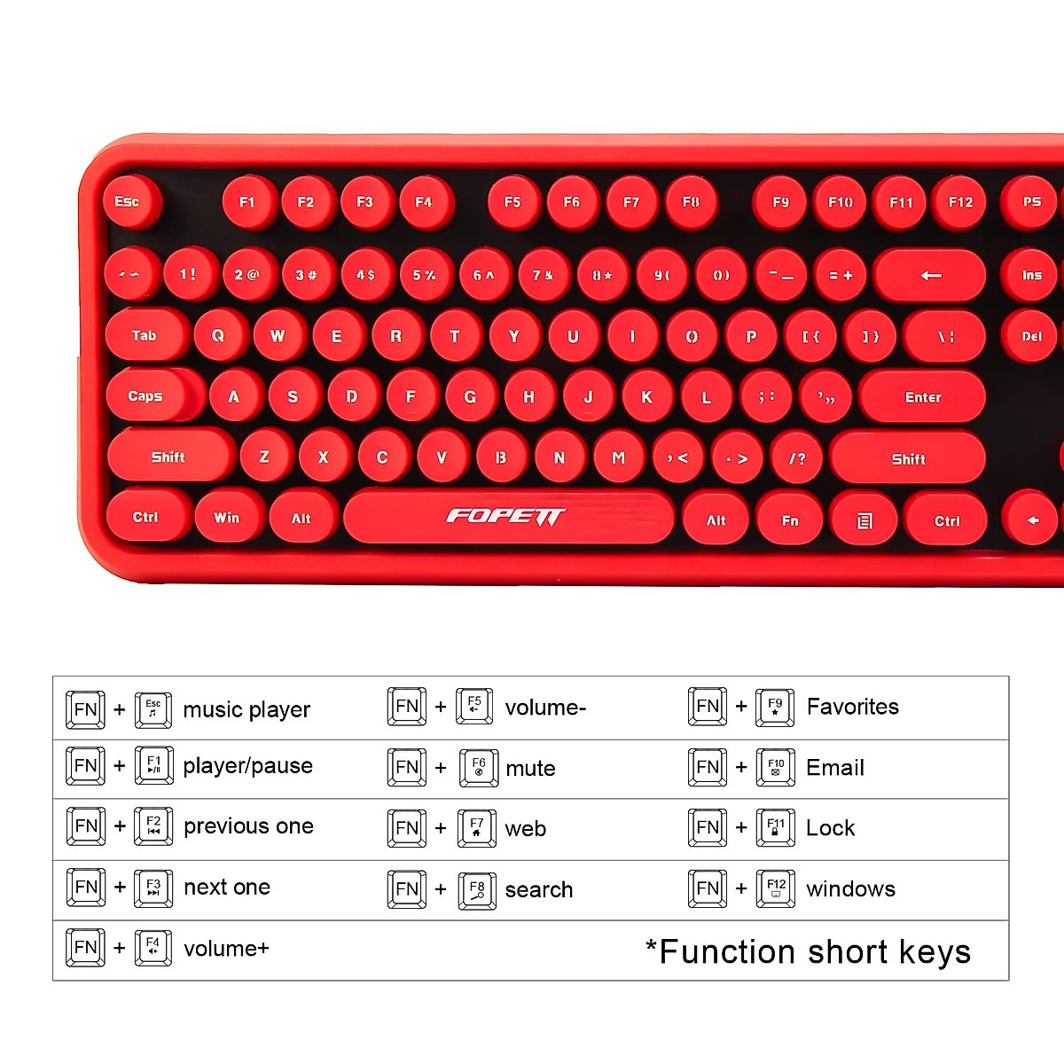 FOPETT Wireless Keyboard and Mouse Combo, 104 Keys Full-Sized 2.4 GHz Round Keycap Colorful Keyboards, USB Receiver Plug and Play, for Windows, Mac, PC, Laptop, Desktop (Black Red)