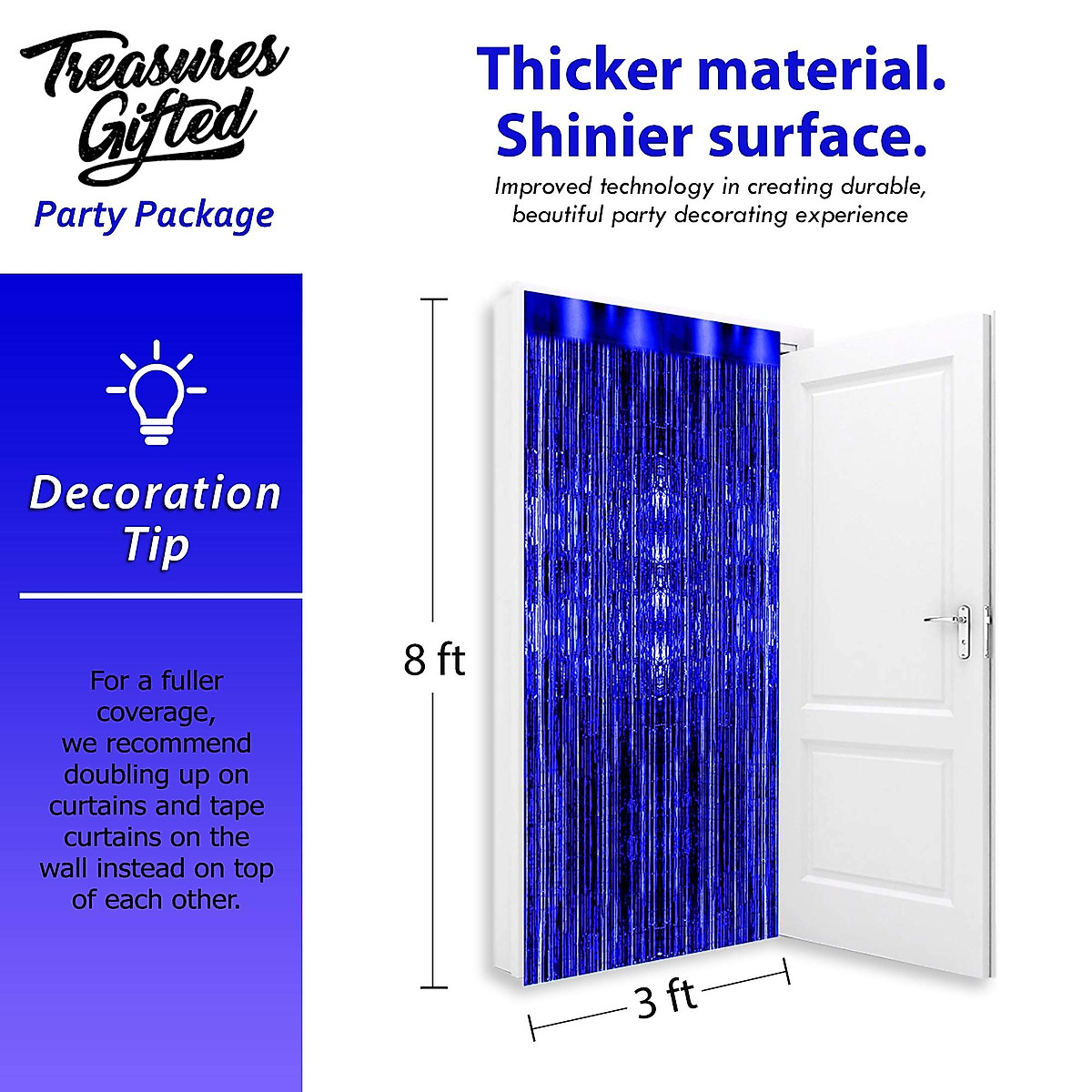 Royal Blue Foil Fringe Curtain 3 Ft x 8 Ft Pack of 2 Bridal and Baby Shower Mermaid Shark Sweet 16 Birthday Bachelorette Engagement Halloween Party Backdrop Decorations