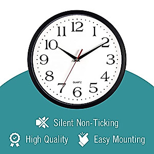 Wall Clock, 12-Inch Silent Non-Ticking Easy to Read, Quartz, Battery Operated, Analog, for Classroom, Office, Kitchen, Bedroom,