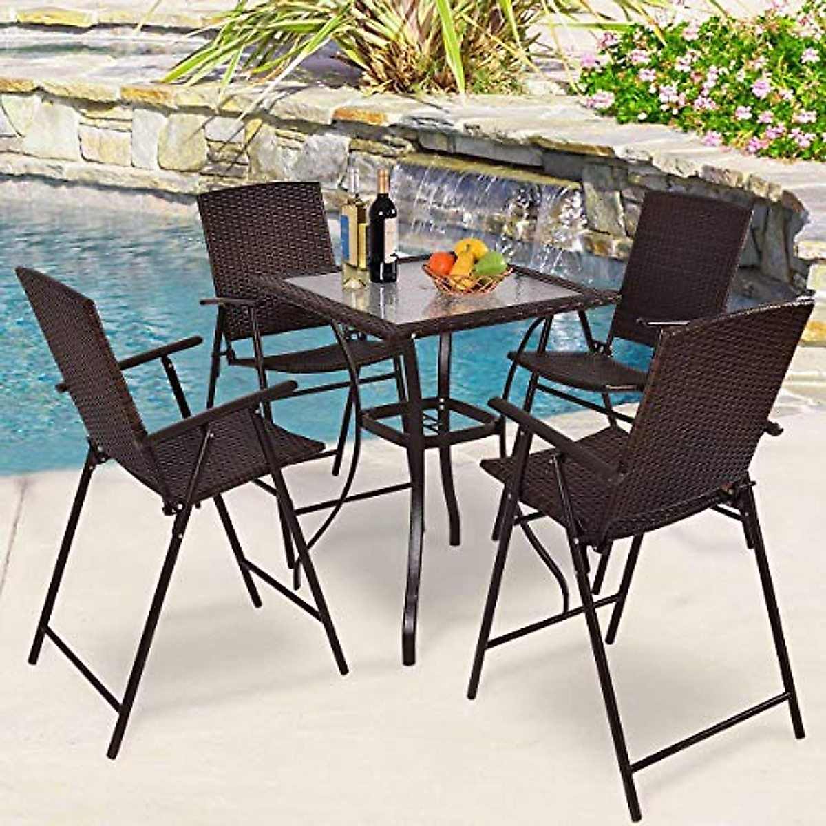 Tangkula 5 Pieces Patio Dining Set, 4 Folding Wicker Sling Chairs and Square Glass Top Table Set, with Umbrella Hole, Suitable for Apartment Balcony, Lawn, Garden and Poolside