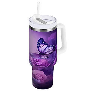Maunzc 30 oz Tumbler with Handle and Straw, Insulated Stainless Steel Travel Mug with Lid for Coffee, Iced Tea, Water, Gift for Men Women (Purple Butterfly)