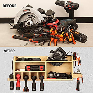 simesove Power Tool Organizer, Drill Charging Station,5 Drill Hanging Slots, Drill Holder Storage Wall Mount Shelf Rack, Cordless Drill Storage,Drill Organizer Wall Mount,Polished Wooden Toolbox for Saw,Father's Day Gift