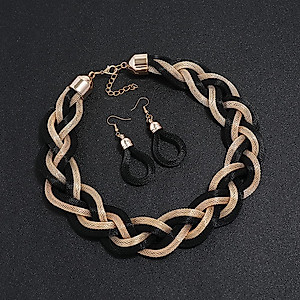 MMonesu Gold Black Statement Necklace, Braided Hollow Cable Large Bib Choker Collar, Chunky Choker National Tribal Necklace Dress Prom Jewelry for Women(BLACK-GOLD)