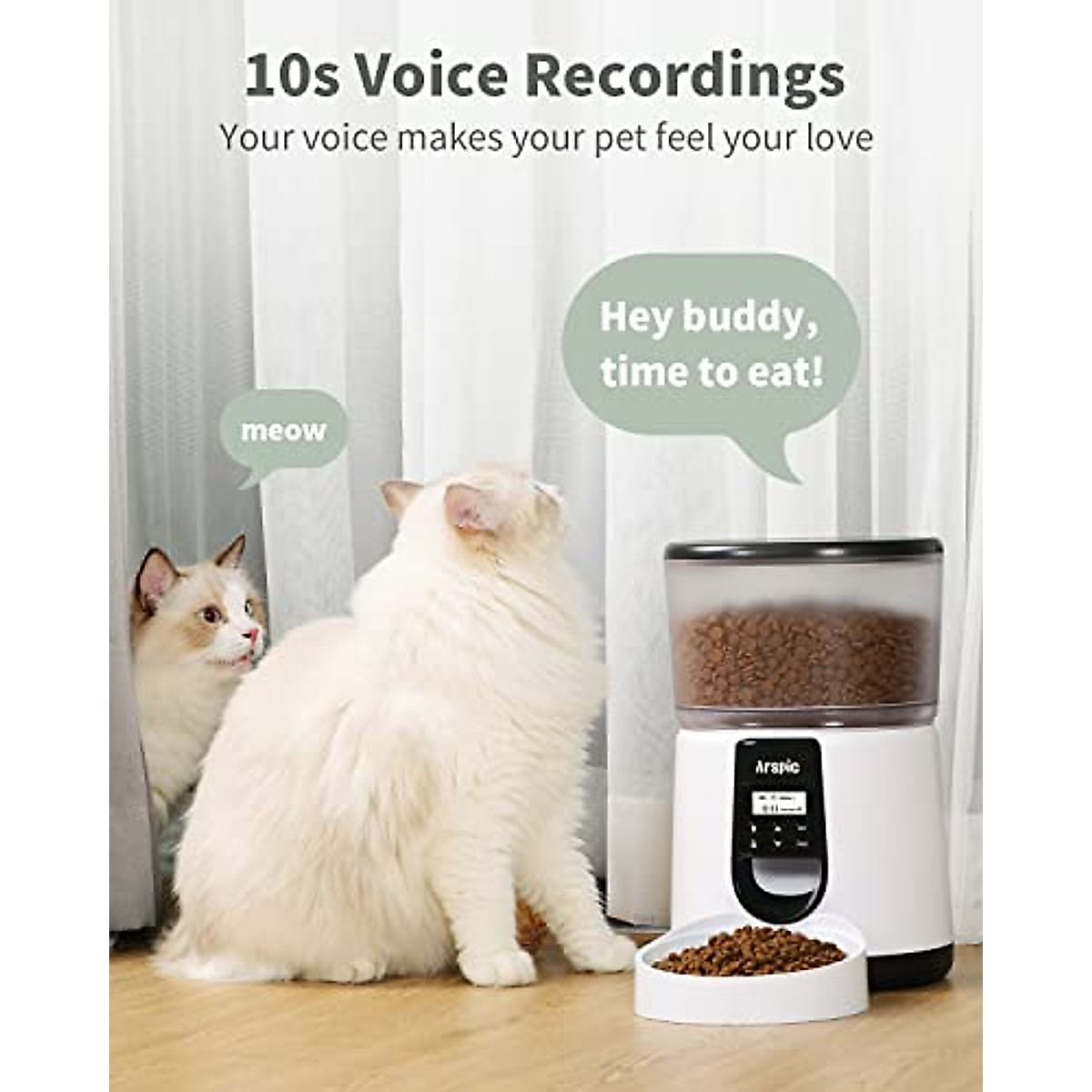 Automatic Cat Feeder, Arspic 4L Auto Cat Food Dispenser with Programmable Timer Feeder and Portion Control Automatic Pet Food Feeder for Small & Medium Cats Dogs with Desiccant Bag & Voice Recorder