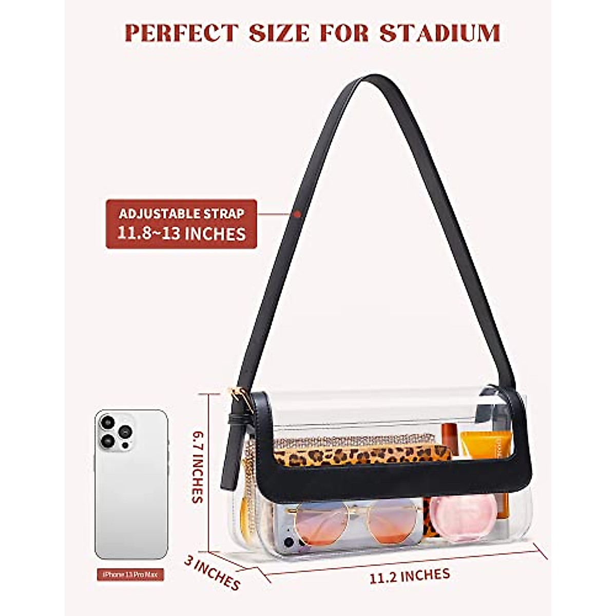 Vorspack Clear Bag Stadium Approved - Cute Clear Purse for Women PVC Clear Stadium Bag for Work Concerts Sports Festivals - Black