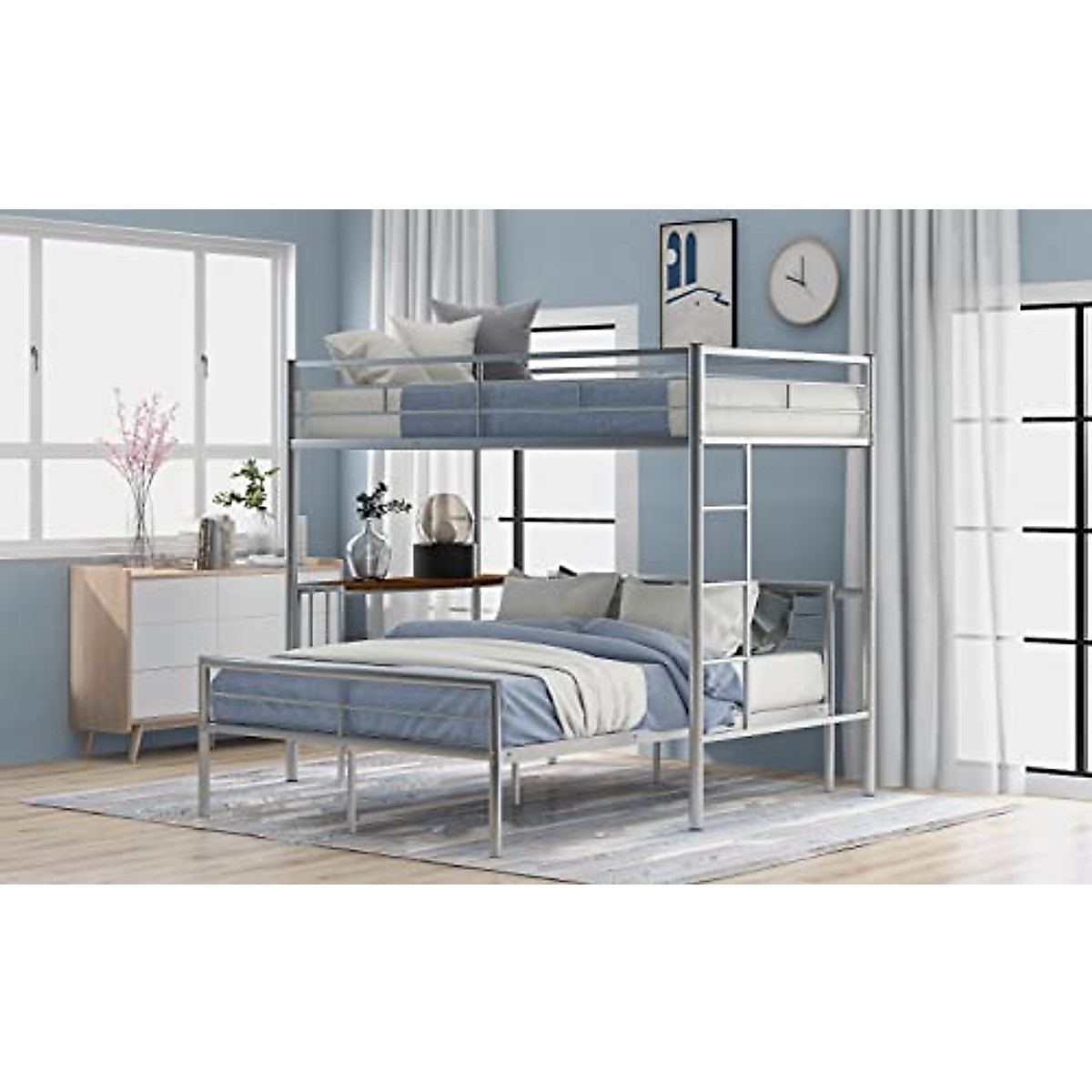Tidyard Twin Over Full Metal Bunk Bed with Desk, Ladder and Quality Slats for Bedroom, Metallic Silver for Bedroom Dorm Guest Room Home Furniture