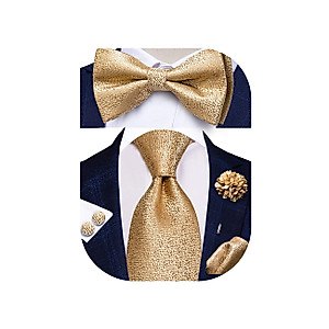 Hi-Tie Men Ties Bowtie Set Silk Necktie Bow Tie Pocket Square Cufflinks Set with Silver Tie Clip or Flower Lapel Pin