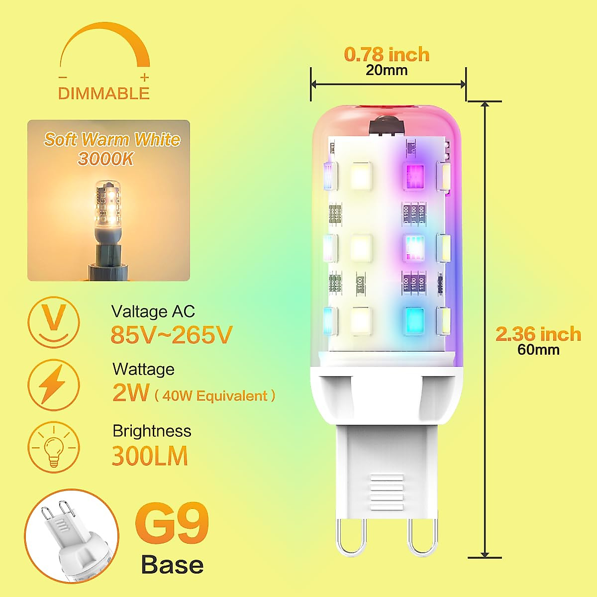 Aegislogic AEG G9 RGB Color Changing LED Bulbs, Remote Control & Dimmable, 2W Replaces 20W Halogen, 4 Moods, T4 Bi-Pin Base, 300LM, 3000K (2 Pack) - Color Changing Light Bulb with Remote